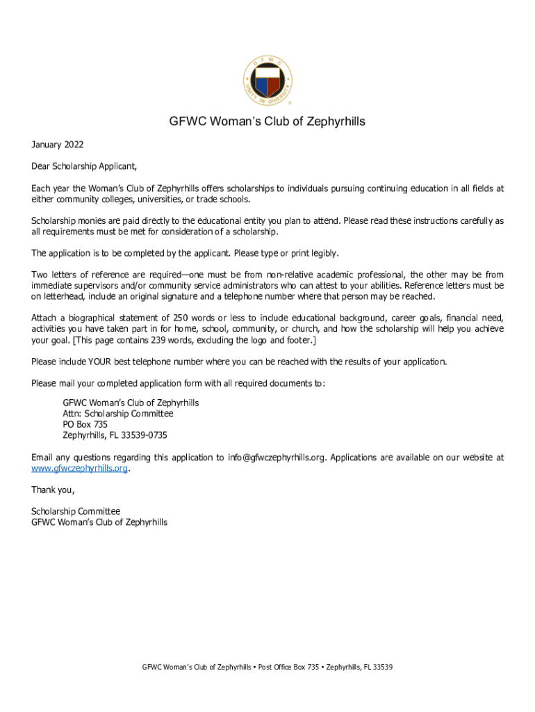 Fillable Online GFWC Florida Federation of Women's Clubs - Scholarship ...