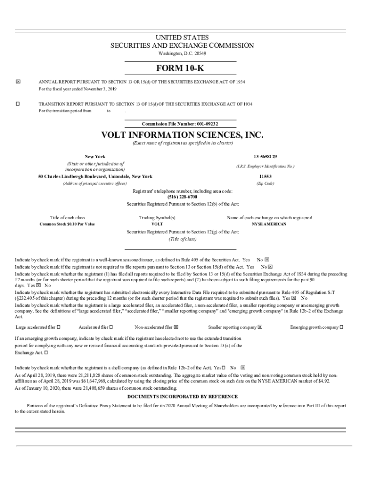 Fillable Online FORM 10-K VOLT INFORMATION SCIENCES, INC. - AnnualReports ... Fax Email Print ...