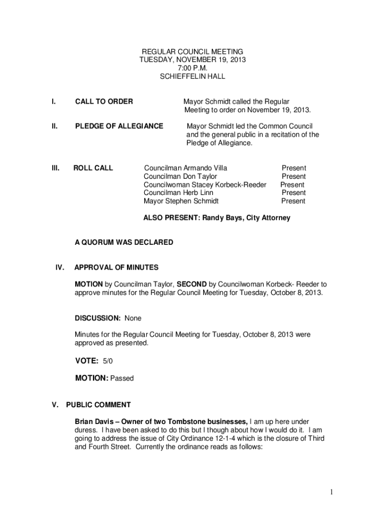 Fillable Online 1 VOTE: 5/0 MOTION: Passed - City of Tombstone Fax ...