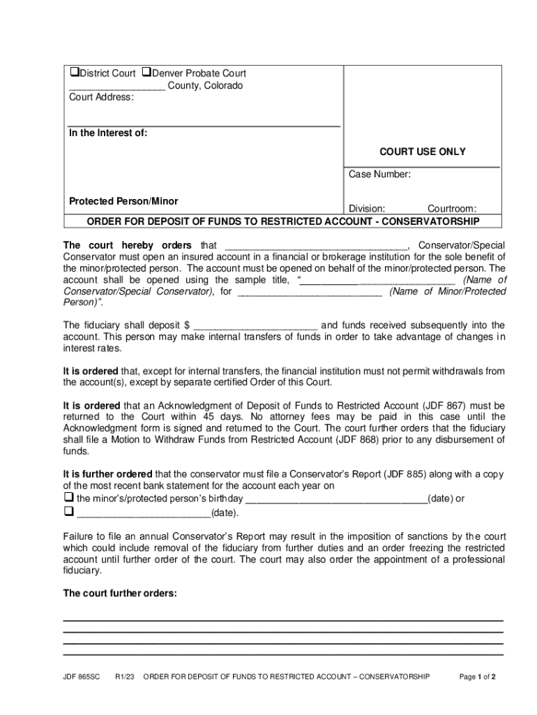 Fillable Online order for deposit of funds to restricted account and ...