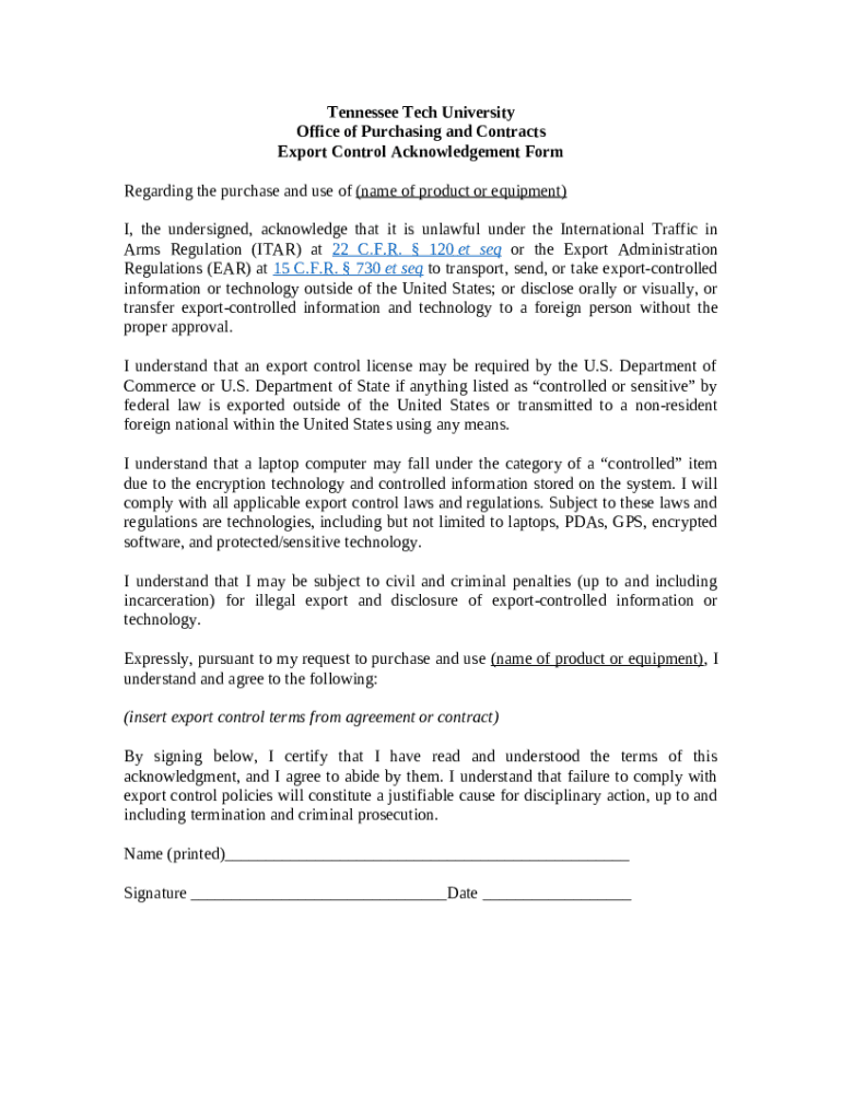 Export Acknowledgment - Tennessee Tech University Doc Template | pdfFiller