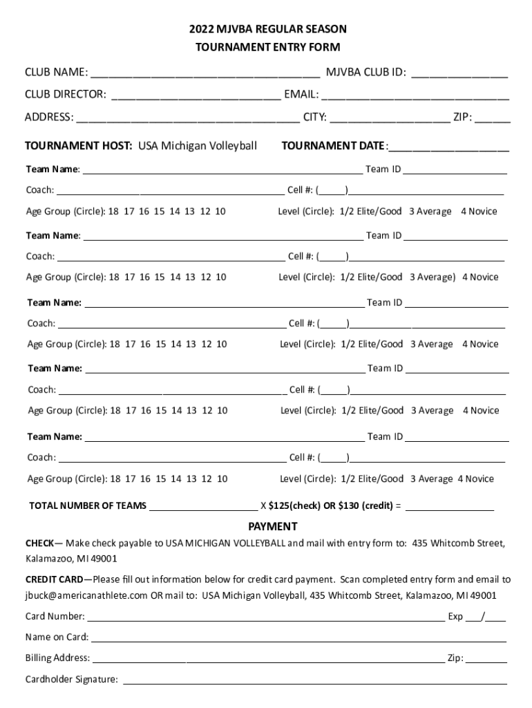 Fillable Online 2022 mjvba regular season tournament entry form Fax ...