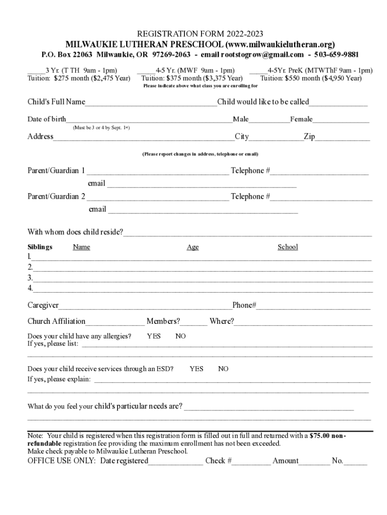 Fillable Online Enrollment Information - Holy Trinity Lutheran Church ...