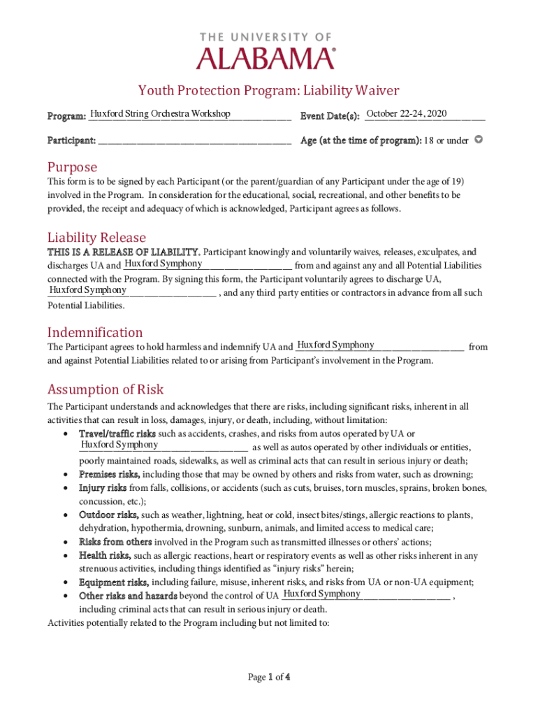 Fillable Online Youth Protection Program: Release of Liability ...