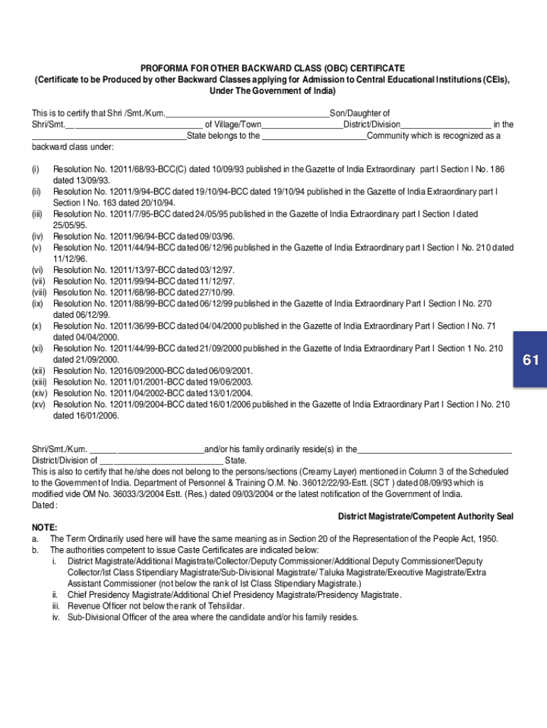 Fillable Online Proforma for Other Backward Class (OBC) Certificate This Fax Email Print - pdfFiller