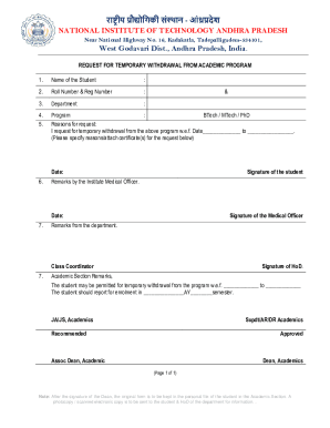 Fillable Online Form for Temporary Withdrawal - NIT Andhra Pradesh Fax ...