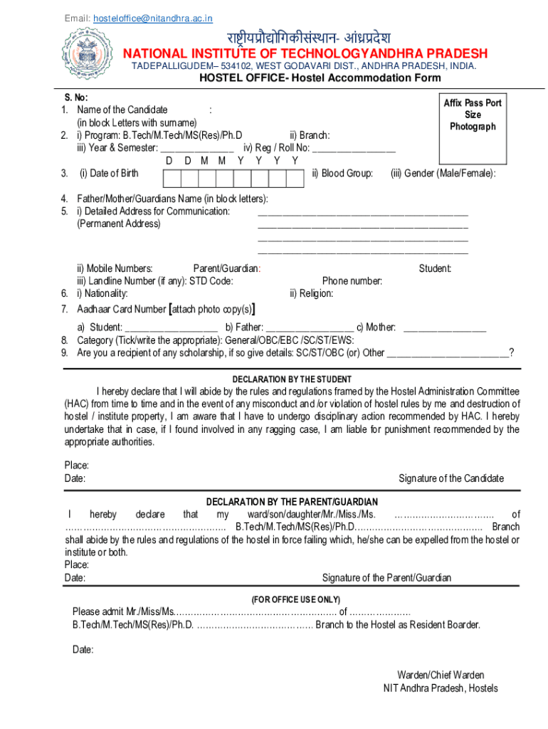 Fillable Online TIRUCHIRAPPALLI-620 015. FORMI Hostel Application Form Fax Email Print - pdfFiller