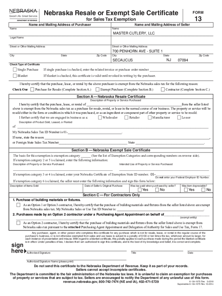 Fillable Online 13 Nebraska Resale or Exempt Sale Certificate - Master ...