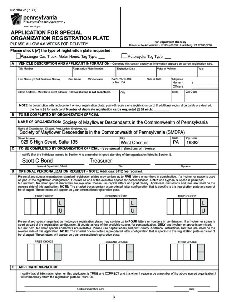 Fillable Online 2019-2023 Form PA MV-904SP Fill Online, Printable, Fillable ... Fax Email Print ...