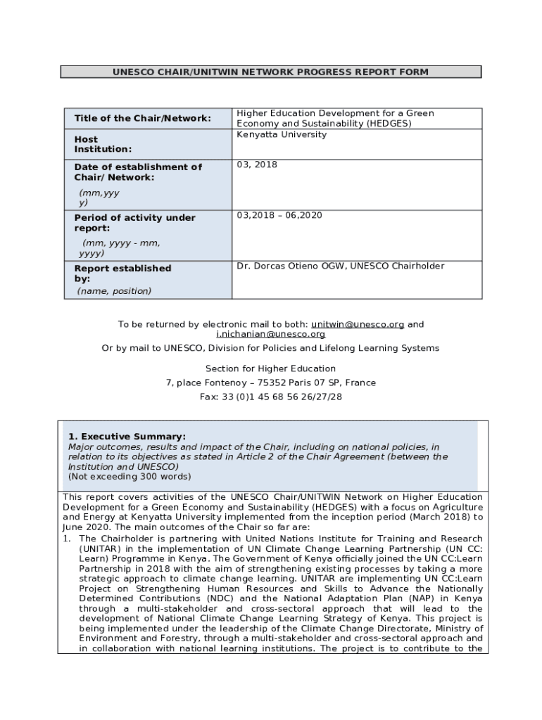 unesco chair/unitwin network progress report Doc Template | pdfFiller
