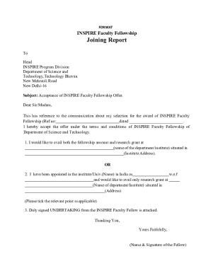 Fillable Online INSPIRE Faculty Fellowship - Joining Report Fax Email ...