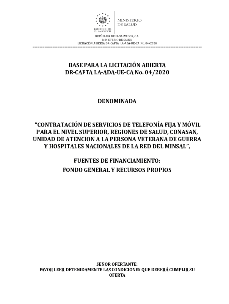 Fillable Online BASE PARA LA LICITACIN ABIERTA DR-CAFTA ... - MINSAL ...