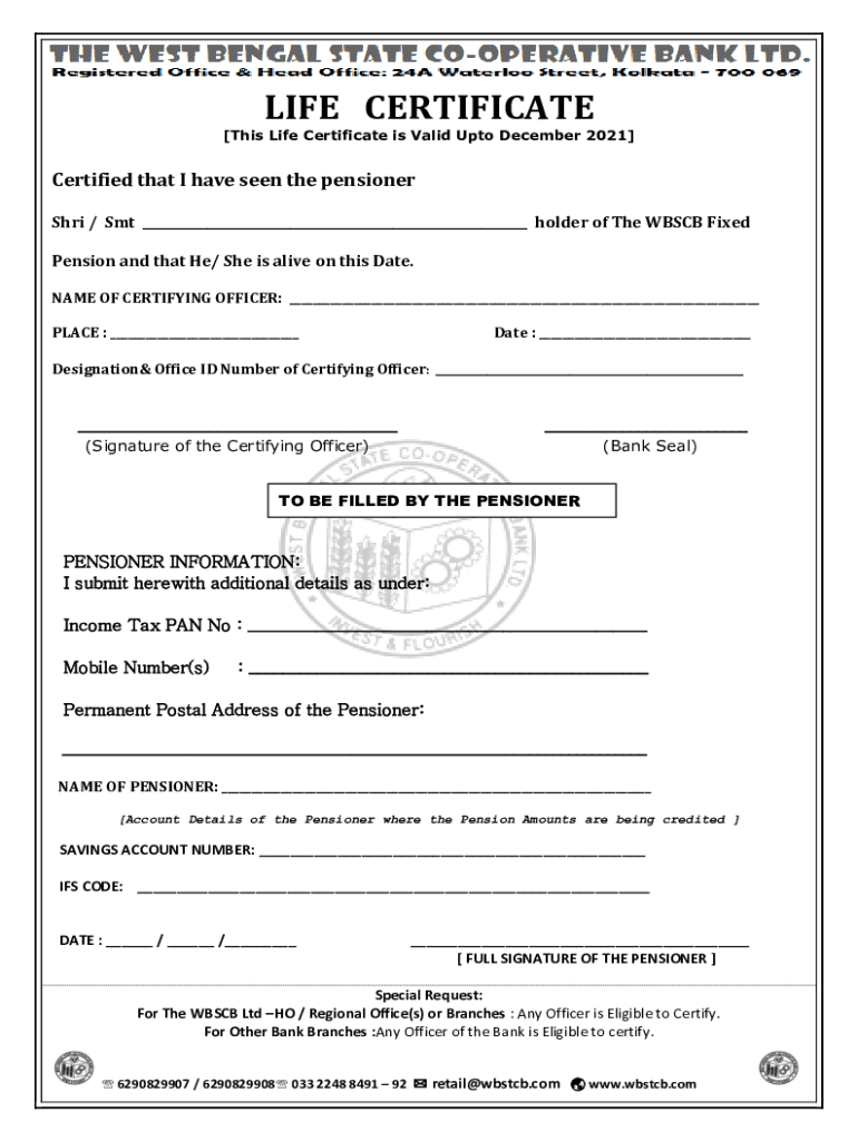 Fillable Online Life Certificate Submission - West Bengal Finance Department Fax Email Print ...
