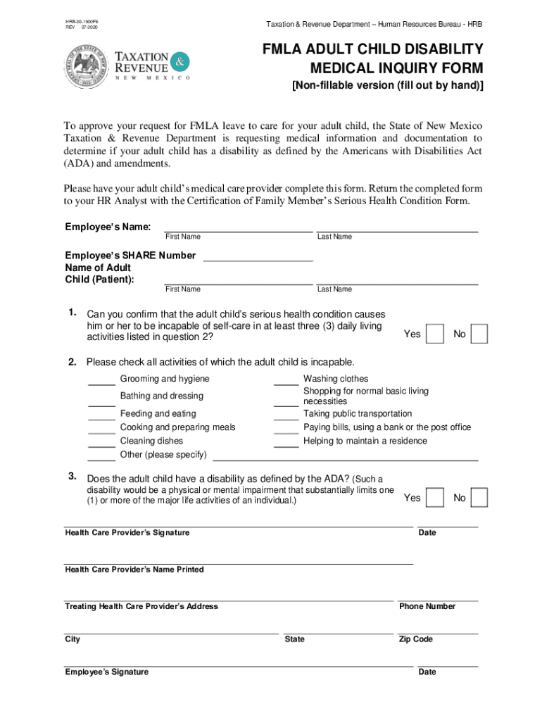 Fillable Online FMLA ADULT CHILD DISABILITY MEDICAL INQUIRY FORM Fax Email Print - pdfFiller
