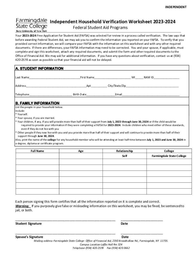 Fillable Online Independent Household Verification Worksheet 2023-2024. Federal Student Aid ...
