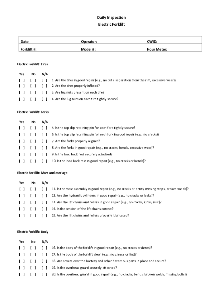 Fillable Online ehs okstate Electric Forklift Daily Inspection Log Book ...