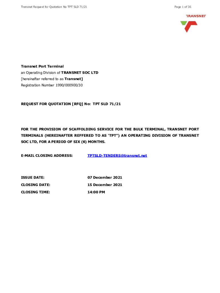 Fillable Online Transnet Request for Quotation No TPT SLD 78/21 Page 1 ...