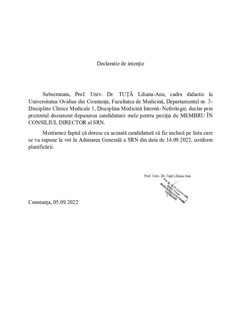 Fillable Online Declaratie de intenie Subsemnata, Prof. Univ. Dr. TU ...