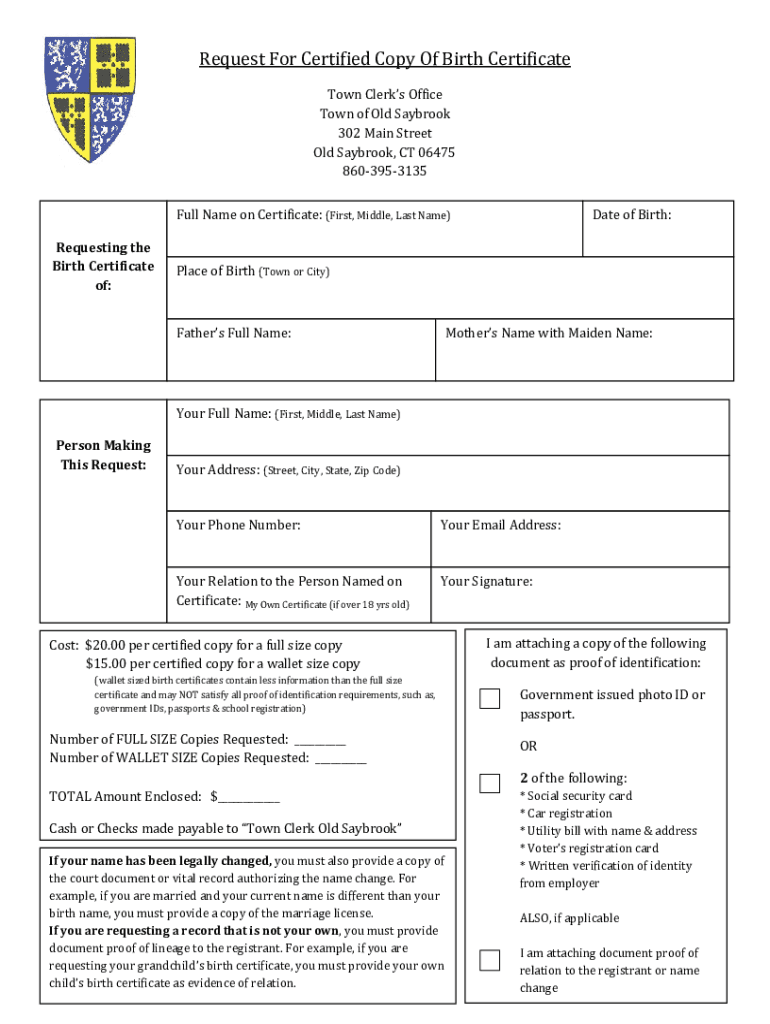 Fillable Online Request For Certified Copy Of Birth Certificate Old Saybrook CT Fax Email Print ...