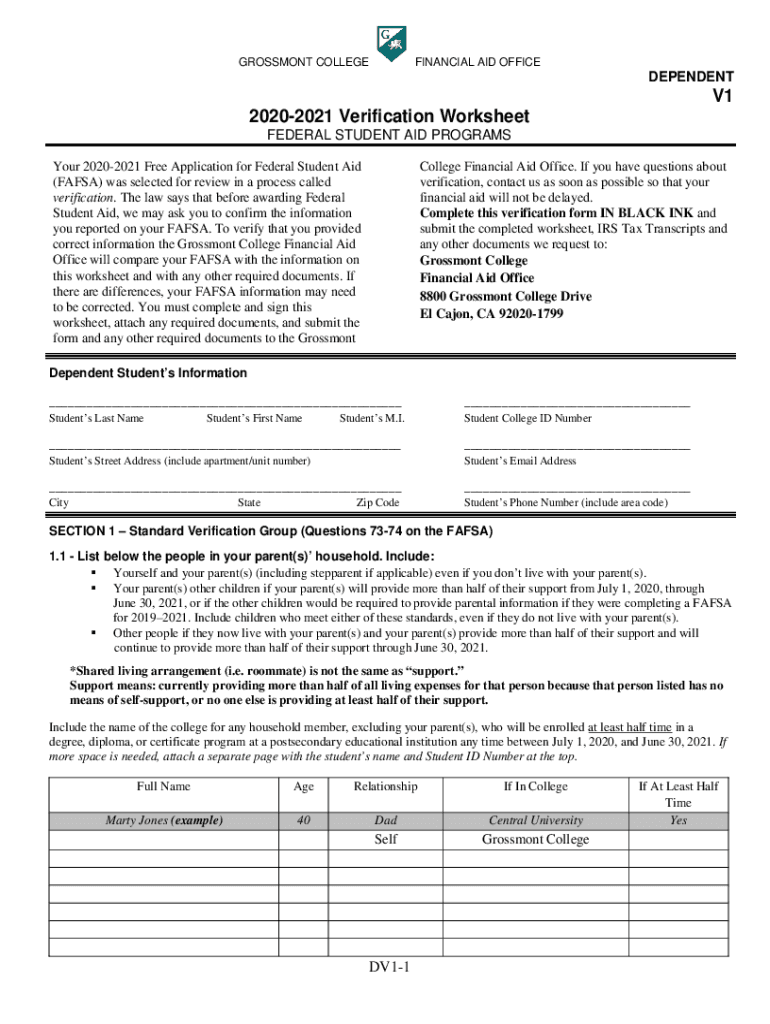 Fillable Online V1 2020-2021 Verification Worksheet - Grossmont College Fax Email Print - pdfFiller