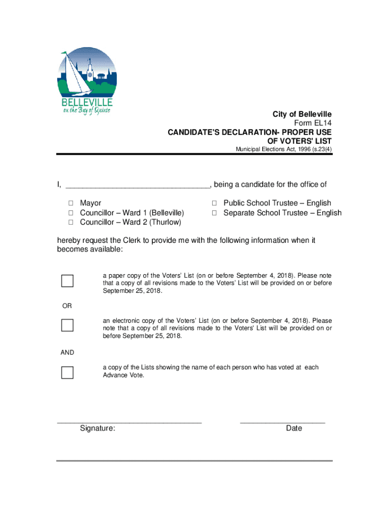 Fillable Online EL14 Candidate's Declaration Proper Use of Voters' List ...