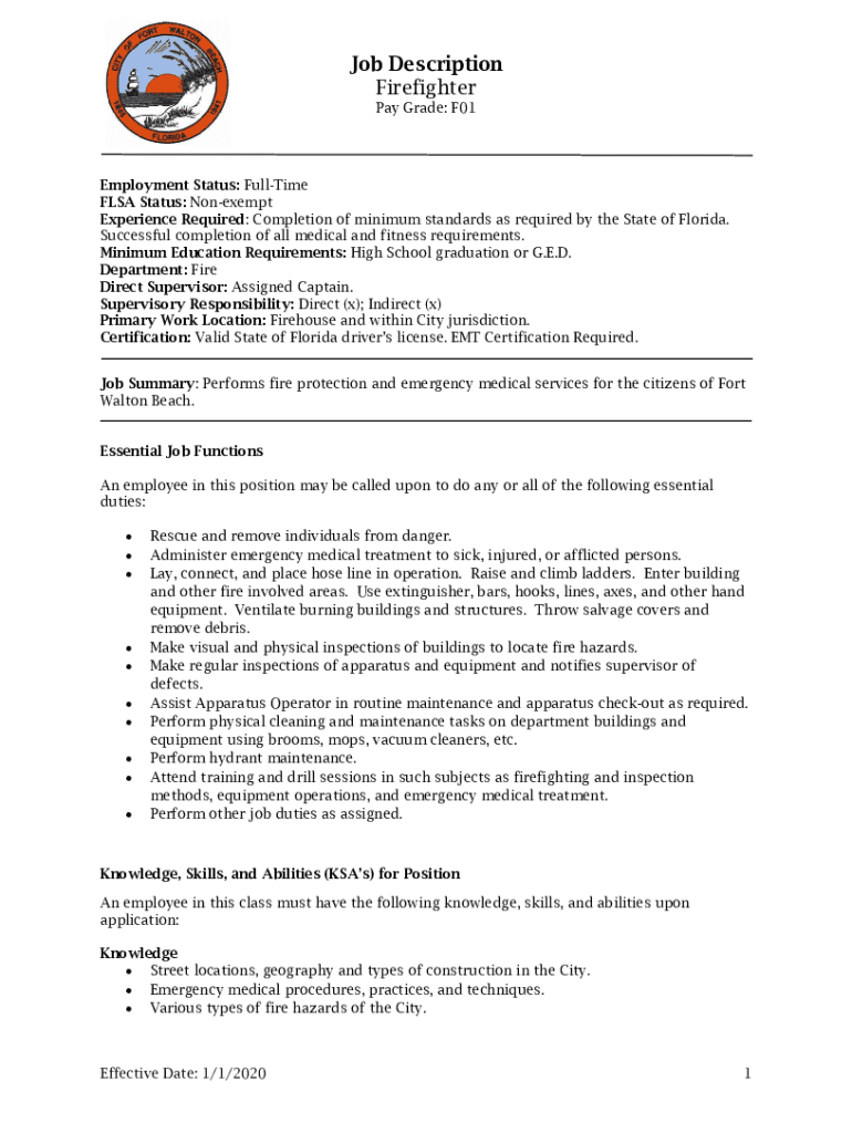 Fillable Online Job Description Firefighter - City of Fort Walton Beach ...