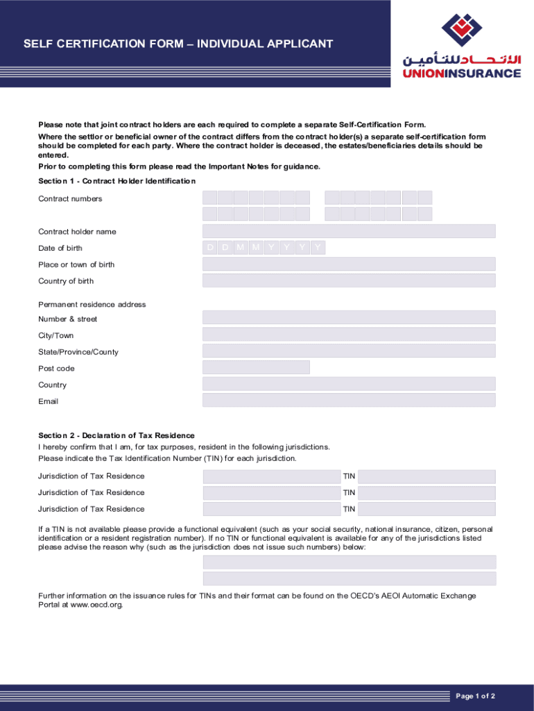 Fillable Online Union Self Certification form - Individual Applicant ...