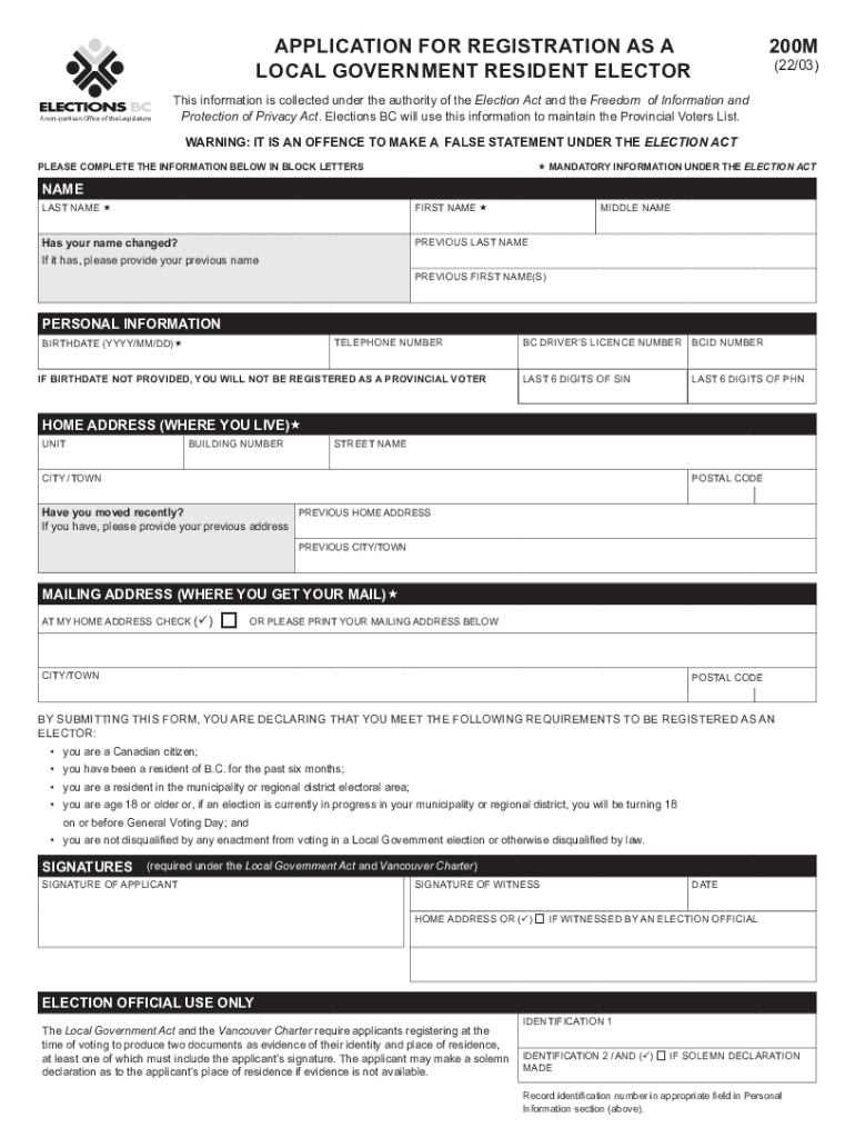 Fillable Online Application to Register or Update a Provincial Voter ...