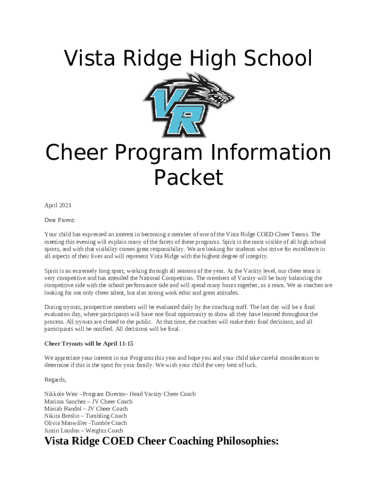 Vista Ridge High School Cheer Program Ination Packet Doc Template ...