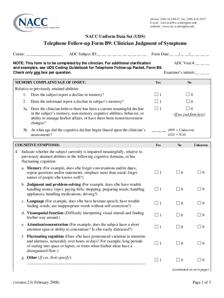 Fillable Online NACC Uniform Data Set (UDS), v2.0. Telephone Followup Form B9 Fax Email Print ...
