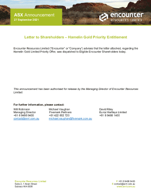 Fillable Online Letter to ShareholdersHamelin Gold Priority Entitlement ...