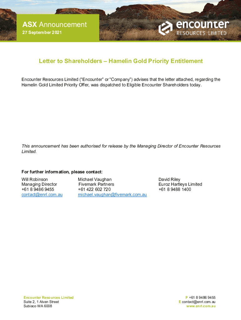 Fillable Online Letter to ShareholdersHamelin Gold Priority Entitlement - AFR Fax Email Print ...
