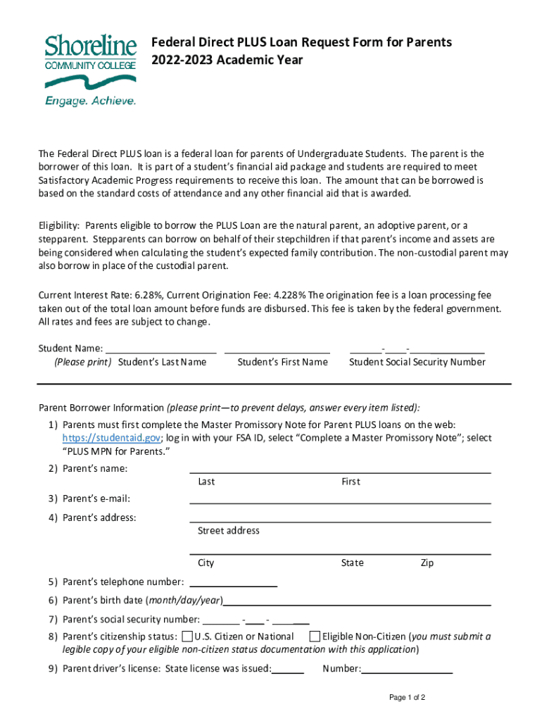 Fillable Online Federal Direct PLUS Loan Request Form for Parents 2022 ...