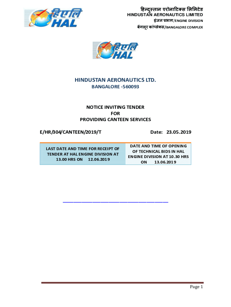 Fillable Online Operation Of Canteens In Engine Division, Hal Koraput ...