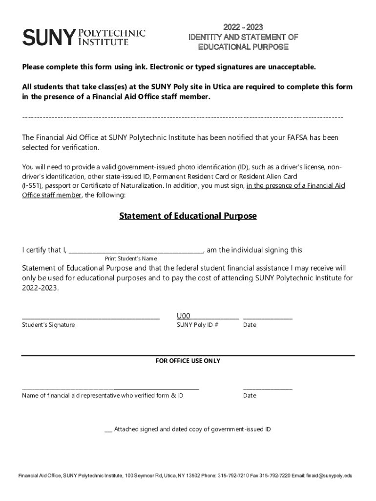 Fillable Online STATEMENT OF IDENTITY AND EDUCATIONAL PURPOSE Fax Email ...
