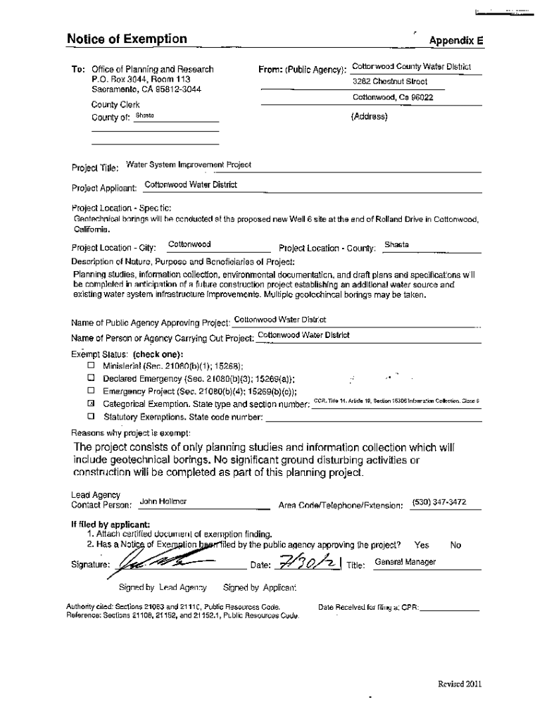 Fillable Online NOTICE OF EXEMPTION To - CA.gov Fax Email Print - pdfFiller