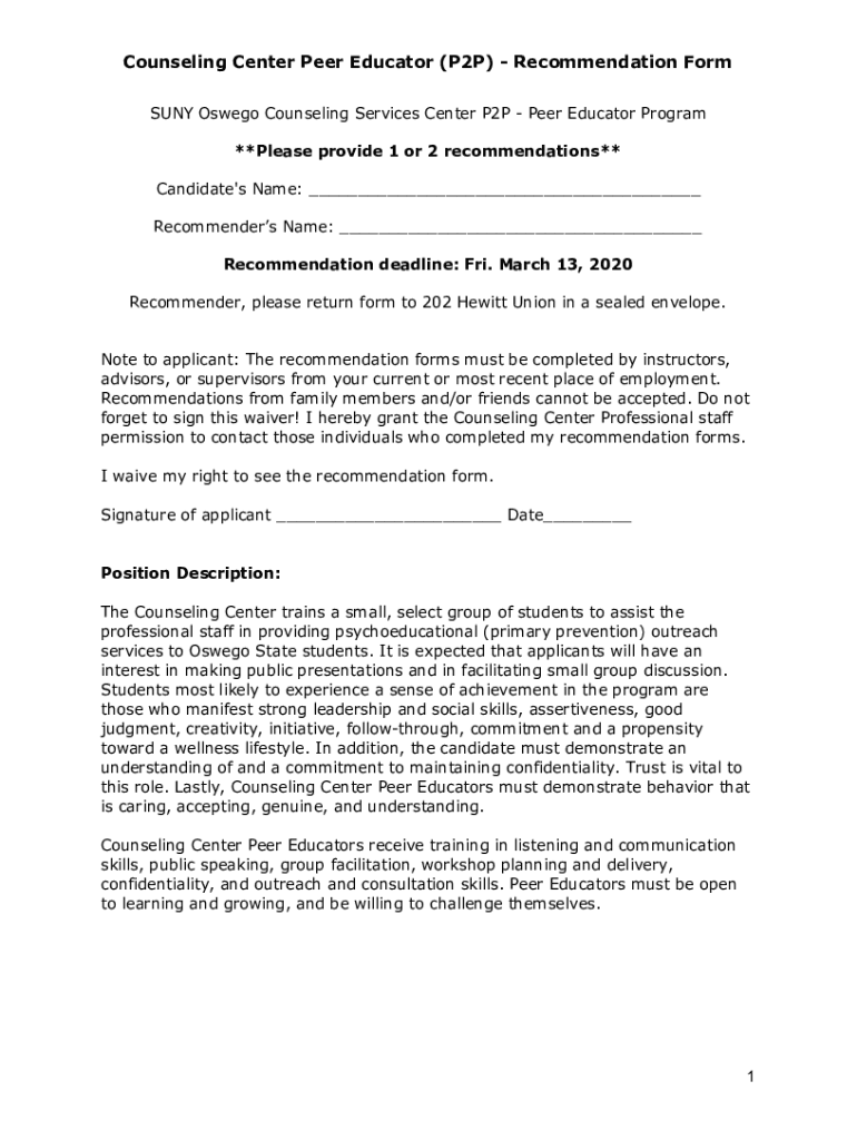 Fillable Online Counseling Center Peer Educator - P2P Information Sheet ...