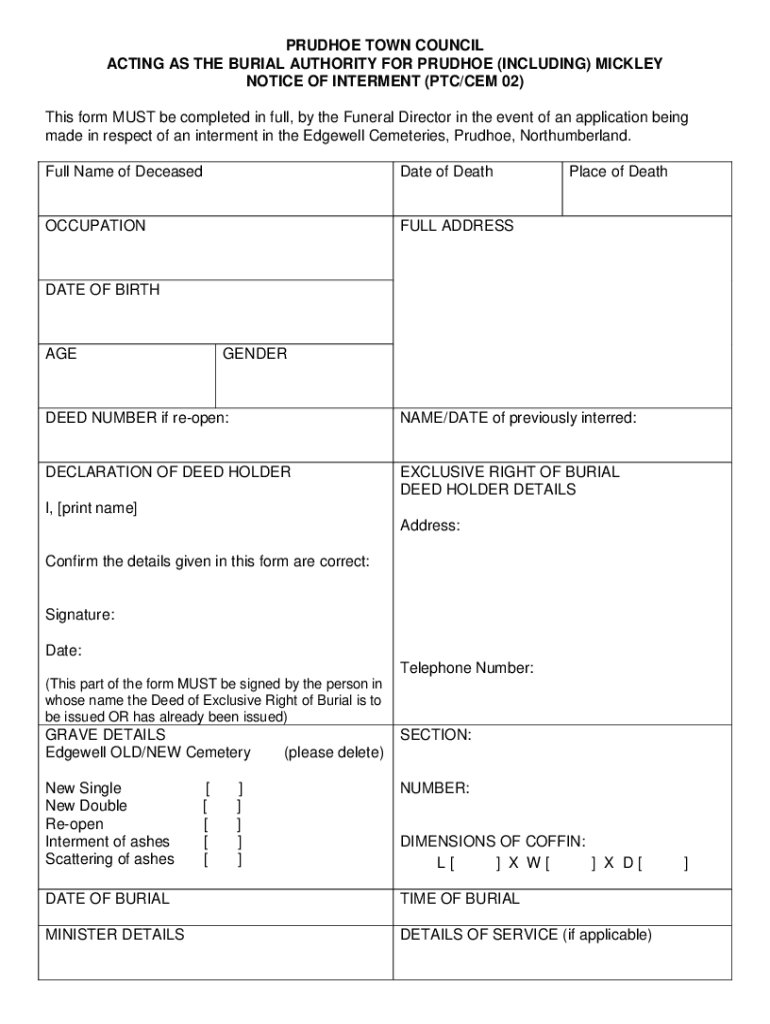 Fillable Online Notice of Interment (PTC/CEM 02) - Amazon S3 Fax Email ...