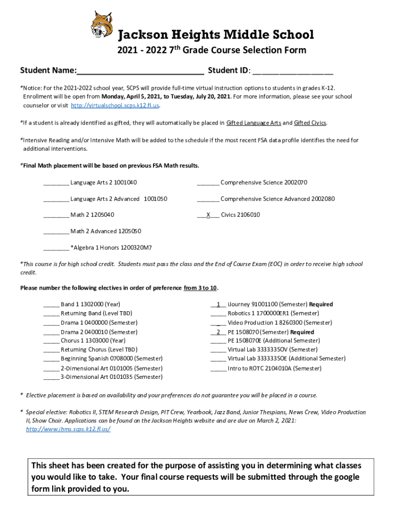 Fillable Online jhms scps k12 fl 7th COURSE SELECTION FORM Fax Email ...
