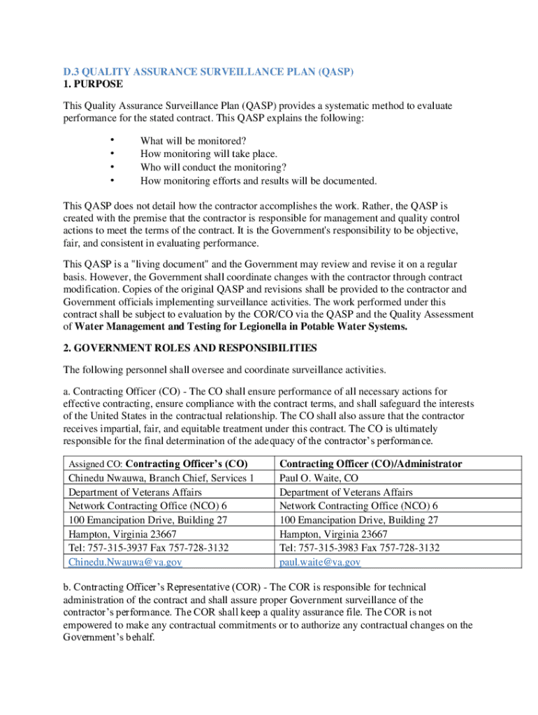 Fillable Online Quality Assurance Surveillance Plan (QASP) - VA Vendor ...
