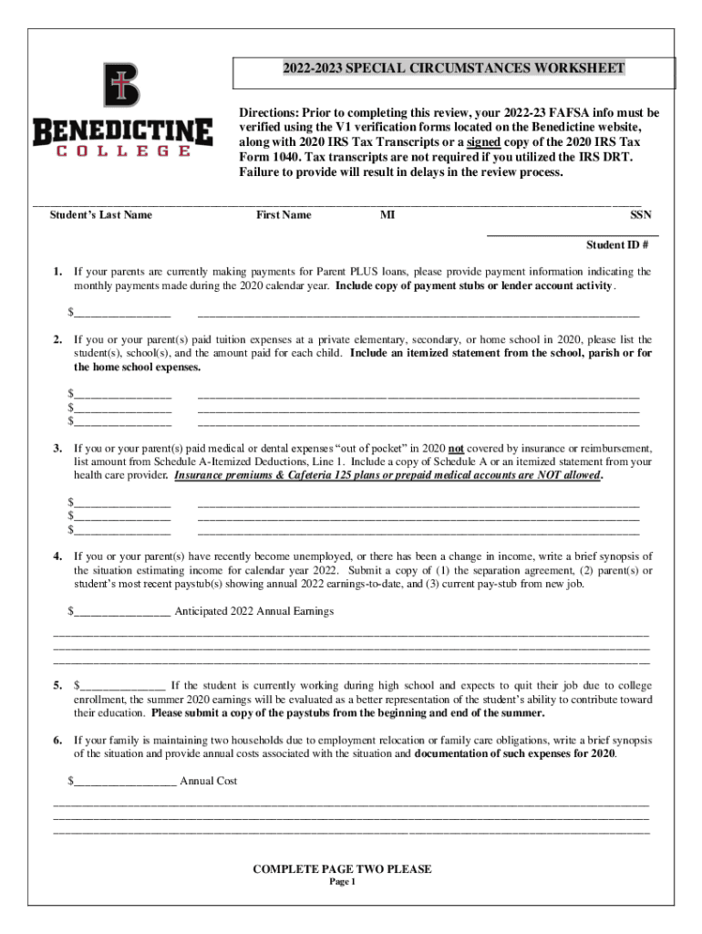 Fillable Online 2022-2023 SPECIAL CIRCUMSTANCES WORKSHEET Fax Email ...