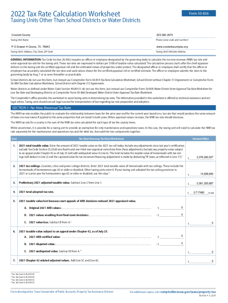 Fillable Online 2022 Tax Rate Calculation Worksheet - New Home ISD! Fax ...