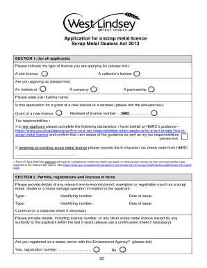 Fillable Online Application for a scrap metal licence. Application for ...