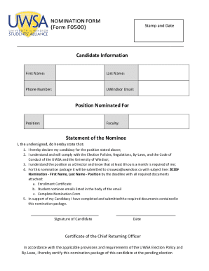Fillable Online EXECUTIVE ELECTION NOMINATION FORM - UWindsor GSS Fax Email Print - pdfFiller