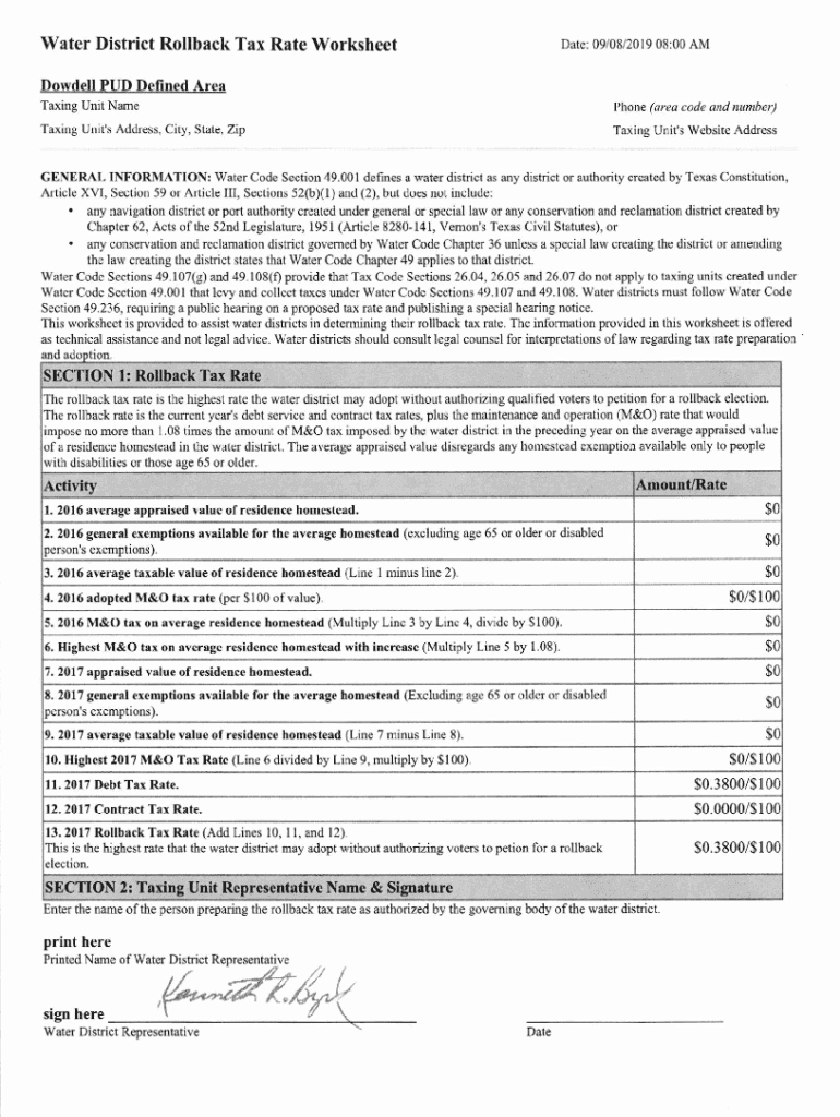 Fillable Online Water District Rollback Tax Rate Worksheet - Revize Fax ...