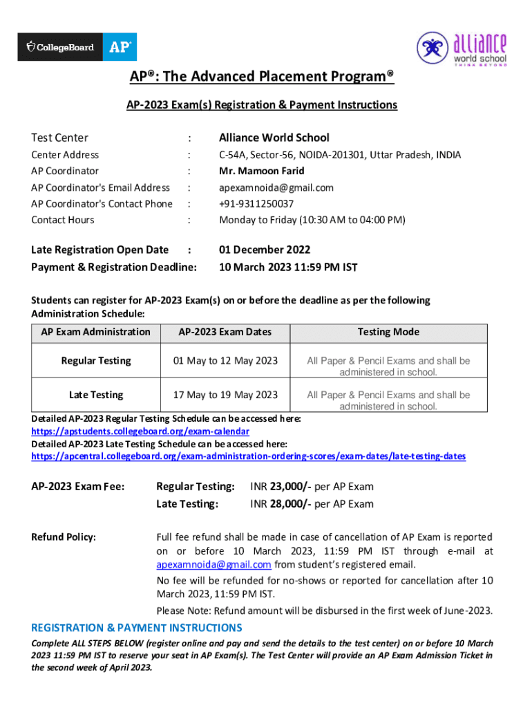 Fillable Online College Board's AP Exam Registration - Alliance World ...