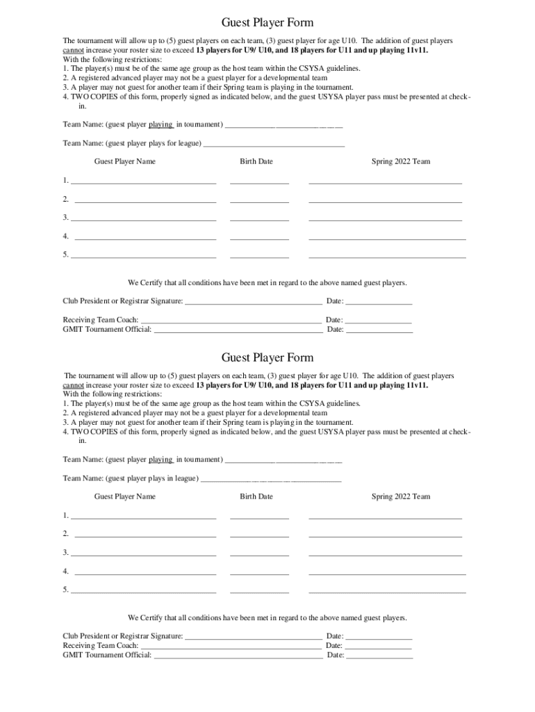 Fillable Online Guest Player Form - Ngin Fax Email Print - pdfFiller