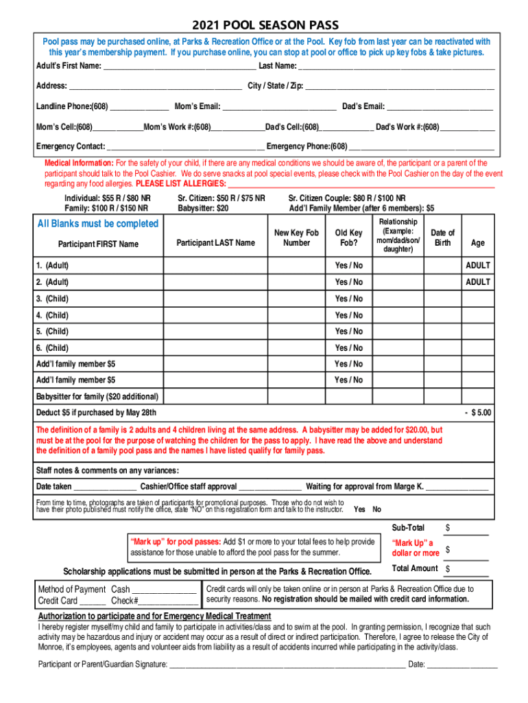 Fillable Online Aquatics/PoolsCity Pool Season Pass - lincoln.ne.gov ...