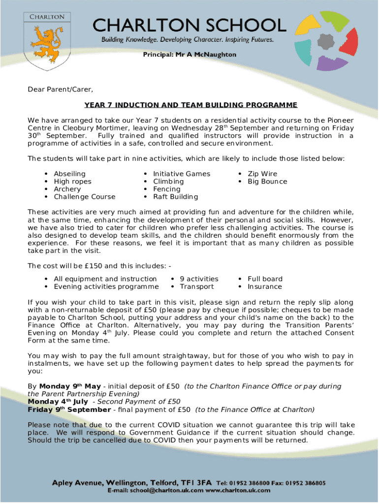 Pioneer Centre Outdoor Activity Residential Trip We wou Doc Template | pdfFiller