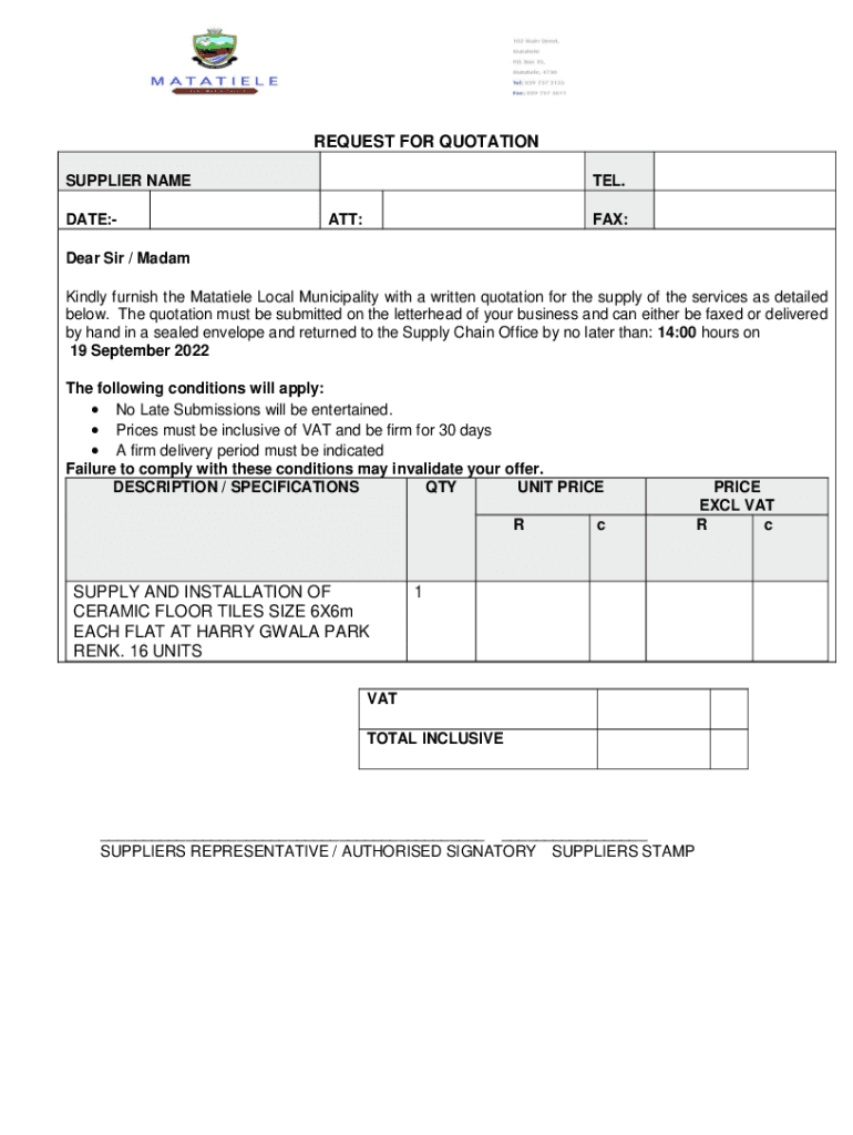 Fillable Online request for quotation - Matatiele Local Municipality ...